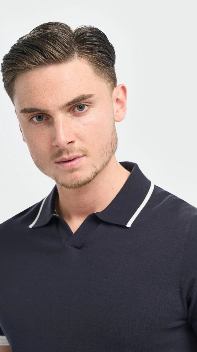 Enrico Navy Open Neck Knitted Polo Shirt – Suits You